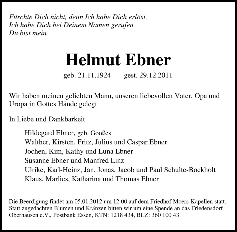 Traueranzeigen von Helmut Ebner | Trauer-in-NRW.de