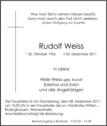 Traueranzeigen von Rudolf Weiss | Trauer-in-NRW.de
