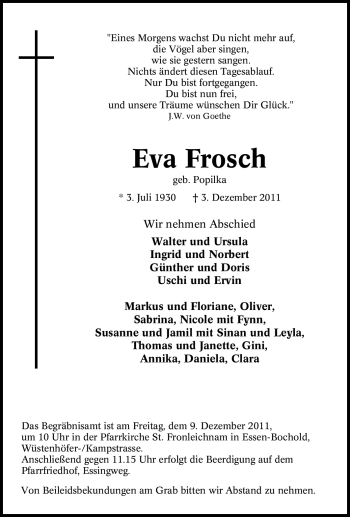 Traueranzeigen von Eva Frosch | Trauer-in-NRW.de