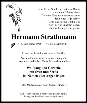 Traueranzeigen von Hermann Strathmann | Trauer-in-NRW.de