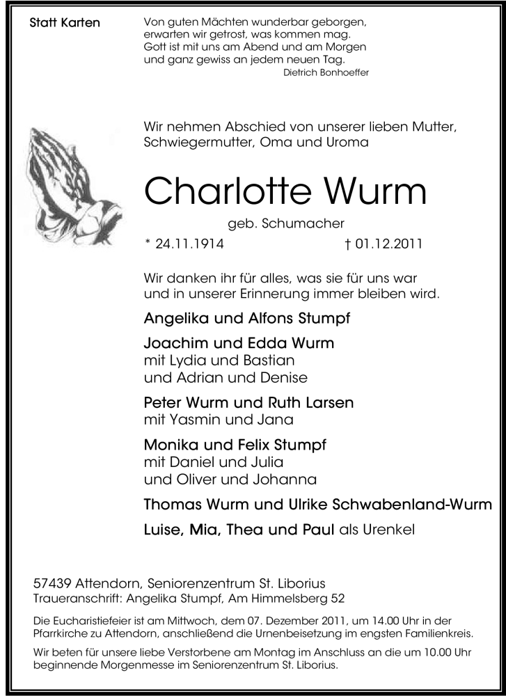 Traueranzeigen von Charlotte Wurm | Trauer-in-NRW.de