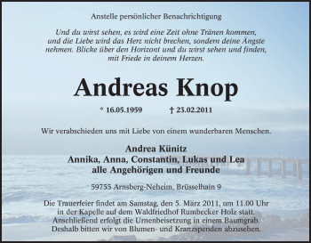 Traueranzeigen von Andreas Knop | Trauer-in-NRW.de