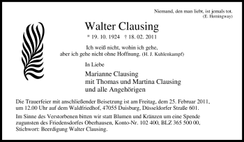 Traueranzeigen von Walter Clausing | Trauer-in-NRW.de
