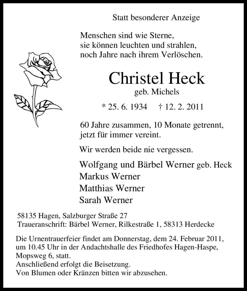 Traueranzeigen von Christel Heck | Trauer-in-NRW.de