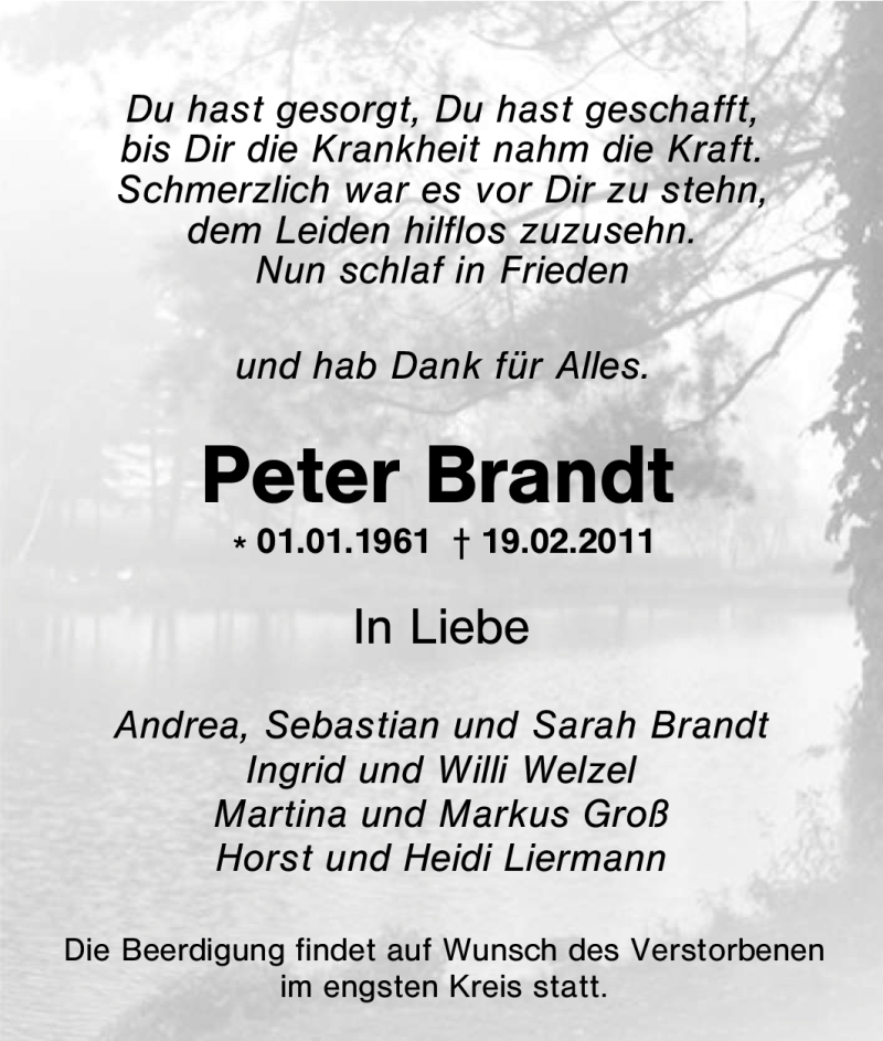 Traueranzeigen von Peter Brandt | Trauer-in-NRW.de Traueranzeigen von Peter Brandt | Trauer-in-NRW.de