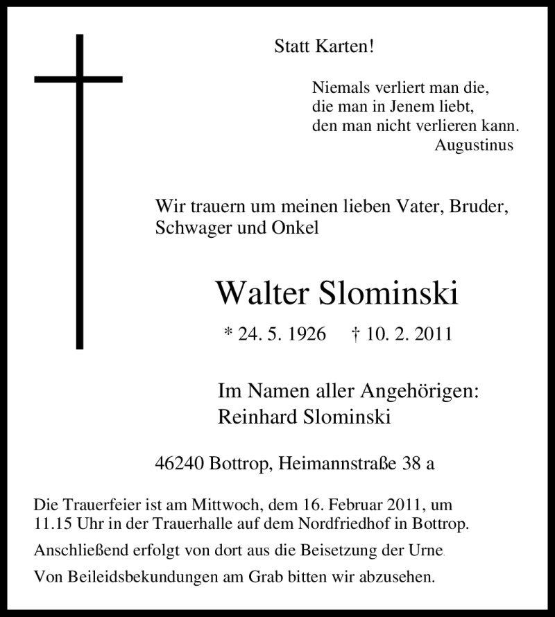 Traueranzeigen von Walter Slominski | Trauer-in-NRW.de