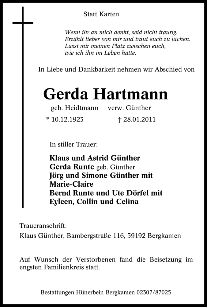 Traueranzeigen von Gerda Hartmann | Trauer-in-NRW.de