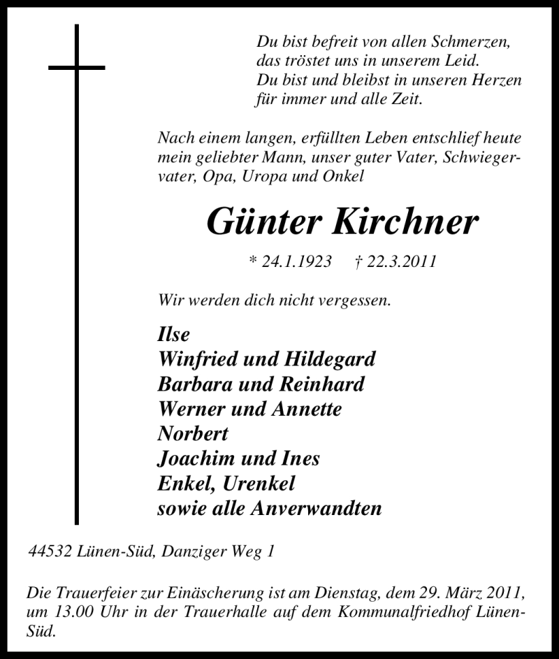 Traueranzeigen von Günter Kirchner | Trauer-in-NRW.de