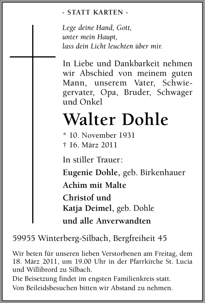 Traueranzeigen von Walter Dohle | Trauer-in-NRW.de
