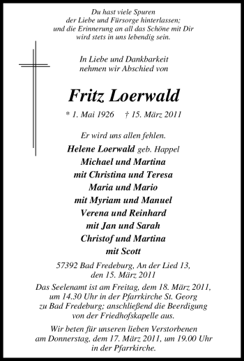 Traueranzeigen von Fritz Loerwald | Trauer-in-NRW.de