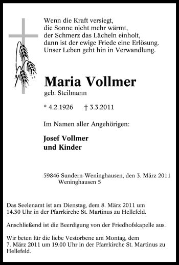 Traueranzeigen von Maria Vollmer | Trauer-in-NRW.de
