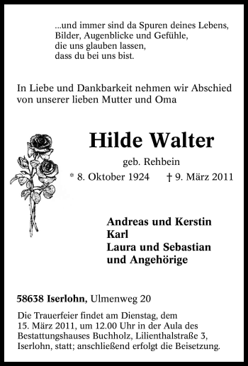 Traueranzeigen von Hilde Walter | Trauer-in-NRW.de