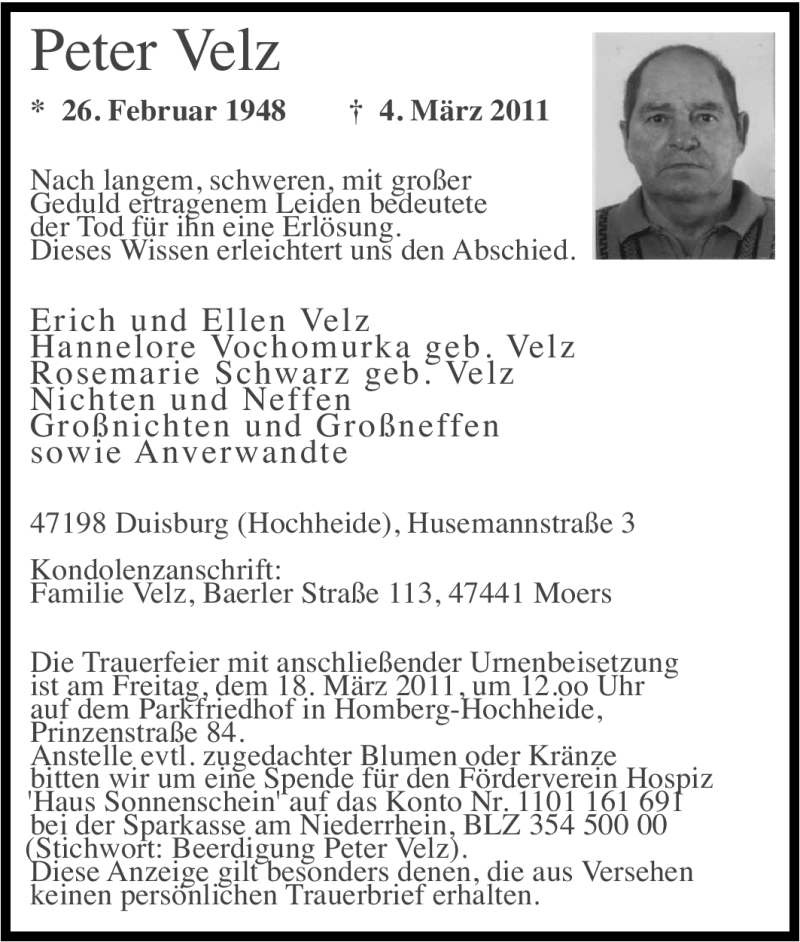 Traueranzeigen von Peter Velz | Trauer-in-NRW.de