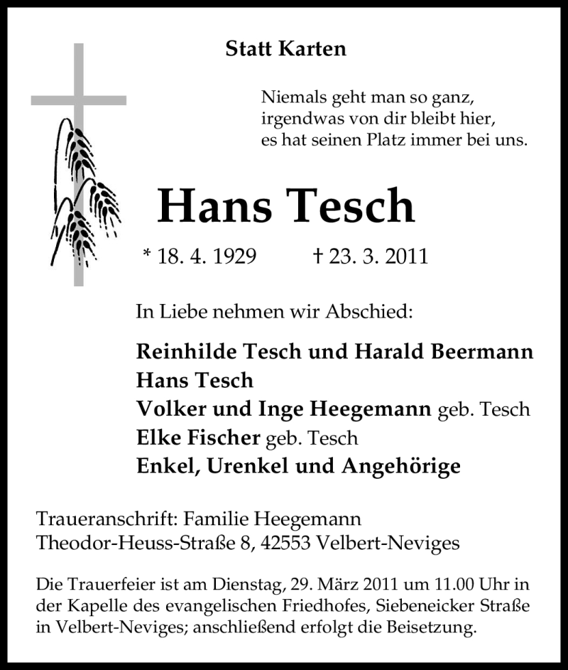 Traueranzeigen von Hans Tesch | Trauer-in-NRW.de