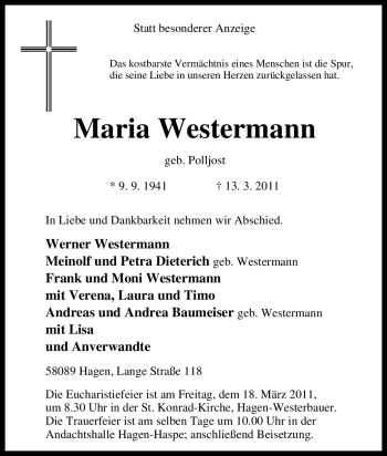 Traueranzeigen von Maria Westermann | Trauer-in-NRW.de