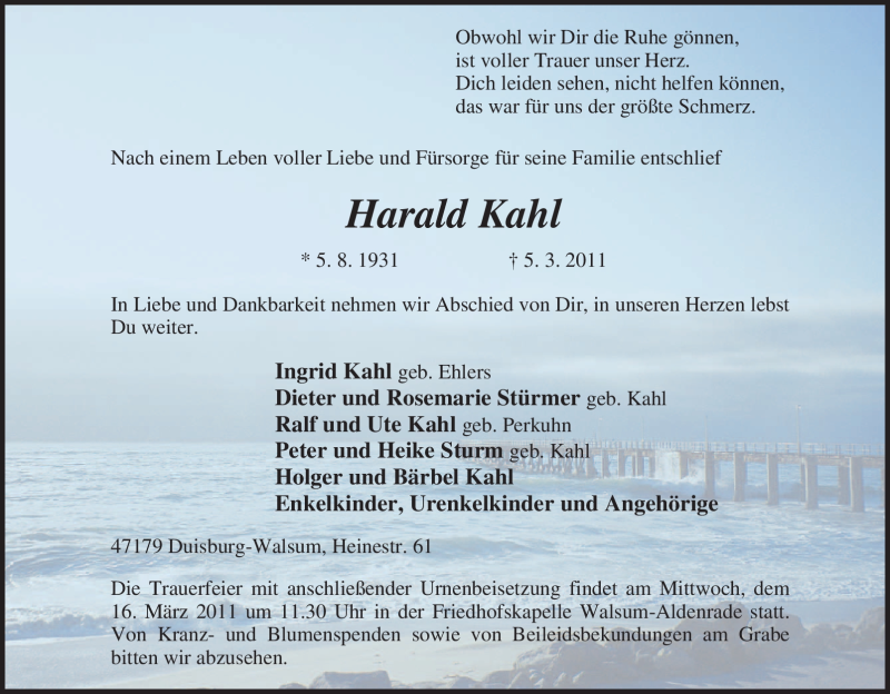 Traueranzeigen von Harald Kahl | Trauer-in-NRW.de