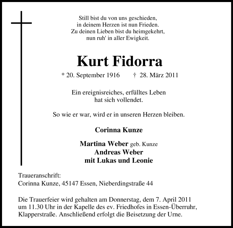 Traueranzeigen von Kurt Fidorra | Trauer-in-NRW.de