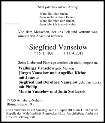 Traueranzeigen von Siegfried Vanselow | Trauer-in-NRW.de
