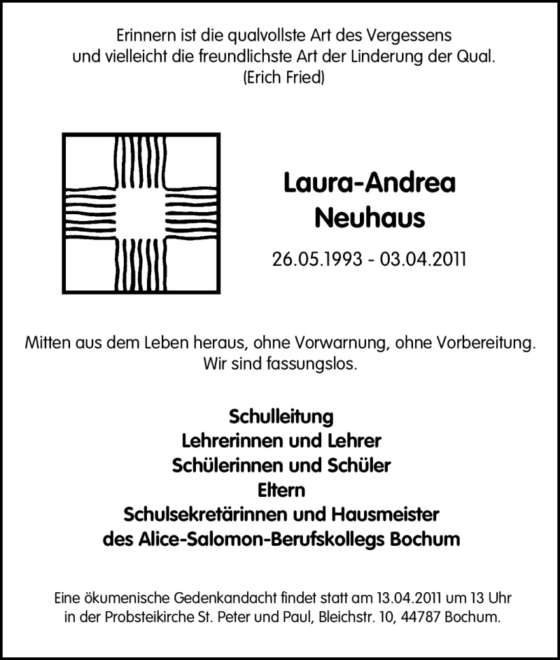Traueranzeigen von Laura-Andrea Neuhaus | Trauer-in-NRW.de