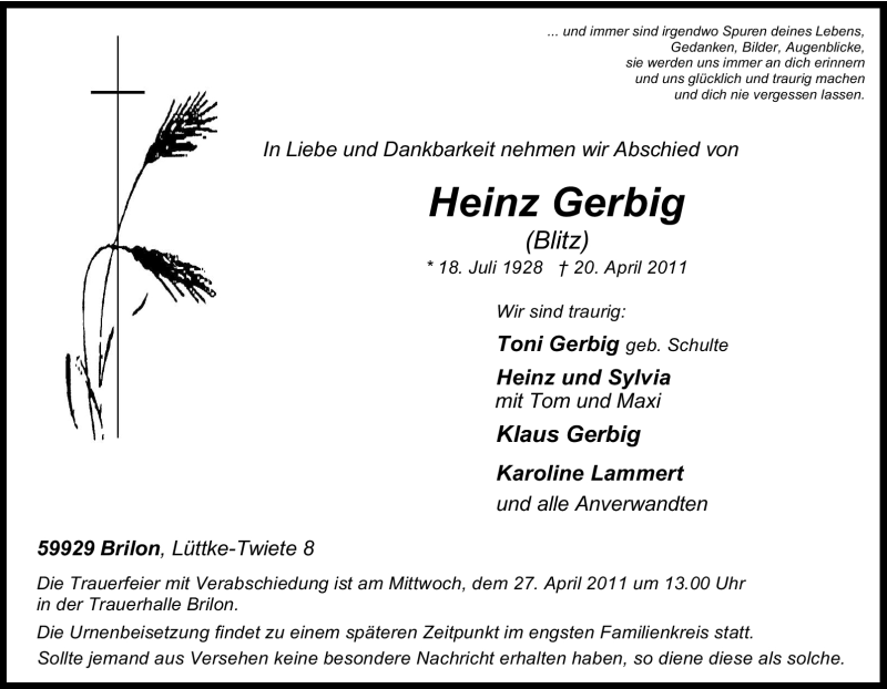 Traueranzeigen von Heinz Gerbig | Trauer-in-NRW.de