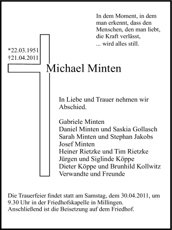 Traueranzeigen von Michael Minten | Trauer-in-NRW.de