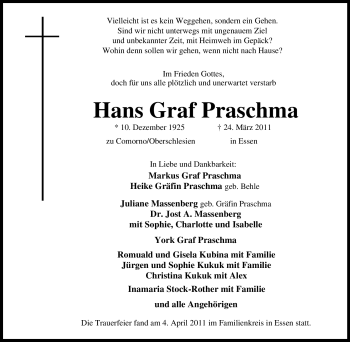 Traueranzeigen von Hans Graf Praschma | Trauer-in-NRW.de