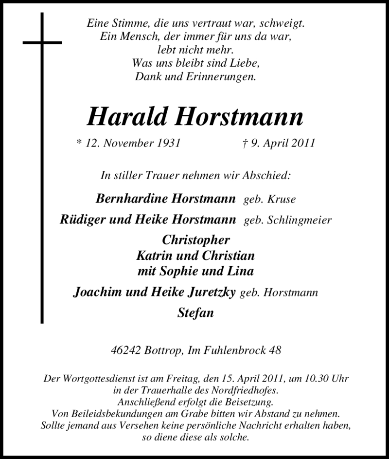 Traueranzeigen von Harald Horstmann | Trauer-in-NRW.de