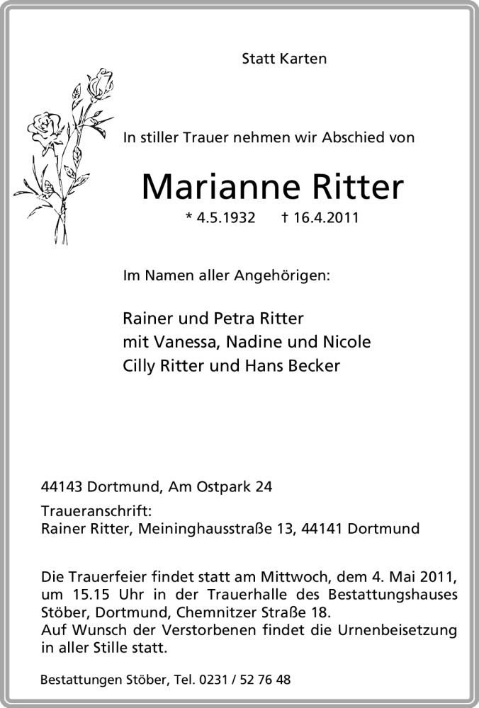 Traueranzeigen von Marianne Ritter | Trauer-in-NRW.de