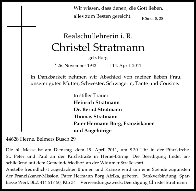 Traueranzeigen von Christel Stratmann | Trauer-in-NRW.de