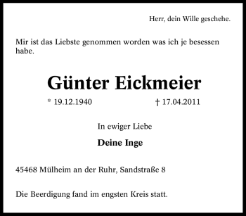 Traueranzeigen von Günter Eickmeier | Trauer-in-NRW.de