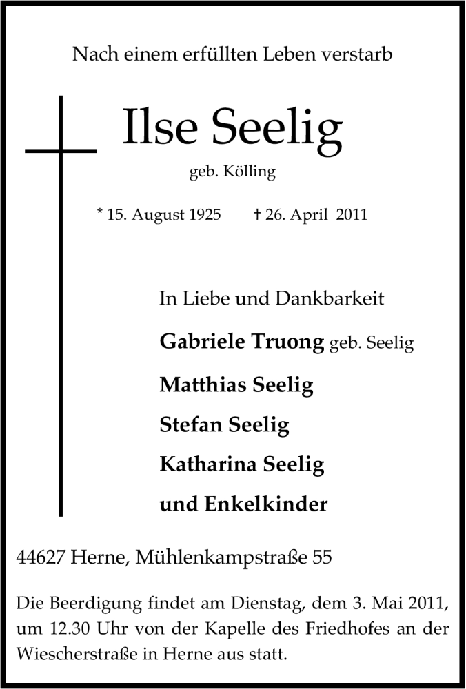 Traueranzeigen von Ilse Seelig | Trauer-in-NRW.de