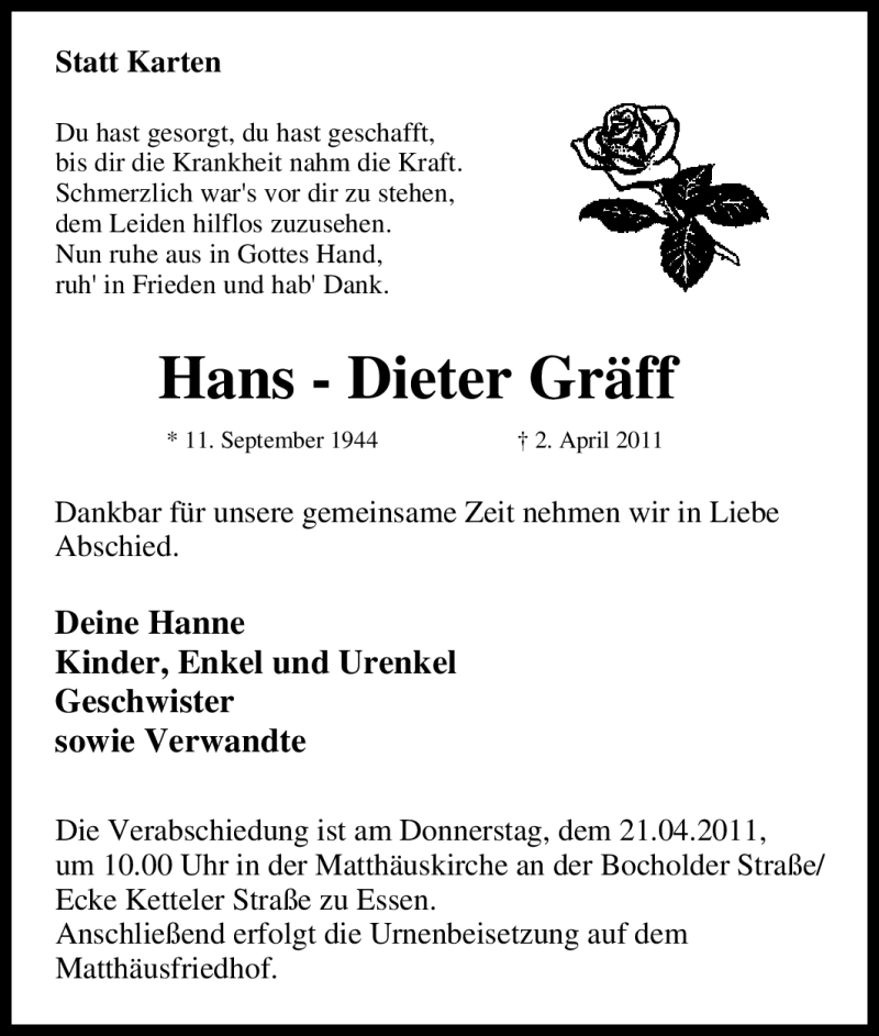 Traueranzeigen von Hans - Dieter Gräff | Trauer-in-NRW.de