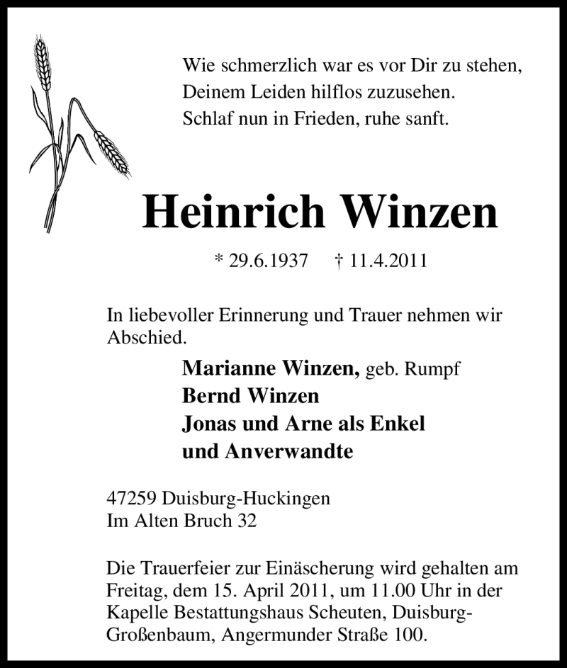 Traueranzeigen von Heinrich Winzen | Trauer-in-NRW.de