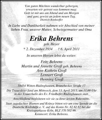 Traueranzeigen von Erika Behrens | Trauer-in-NRW.de