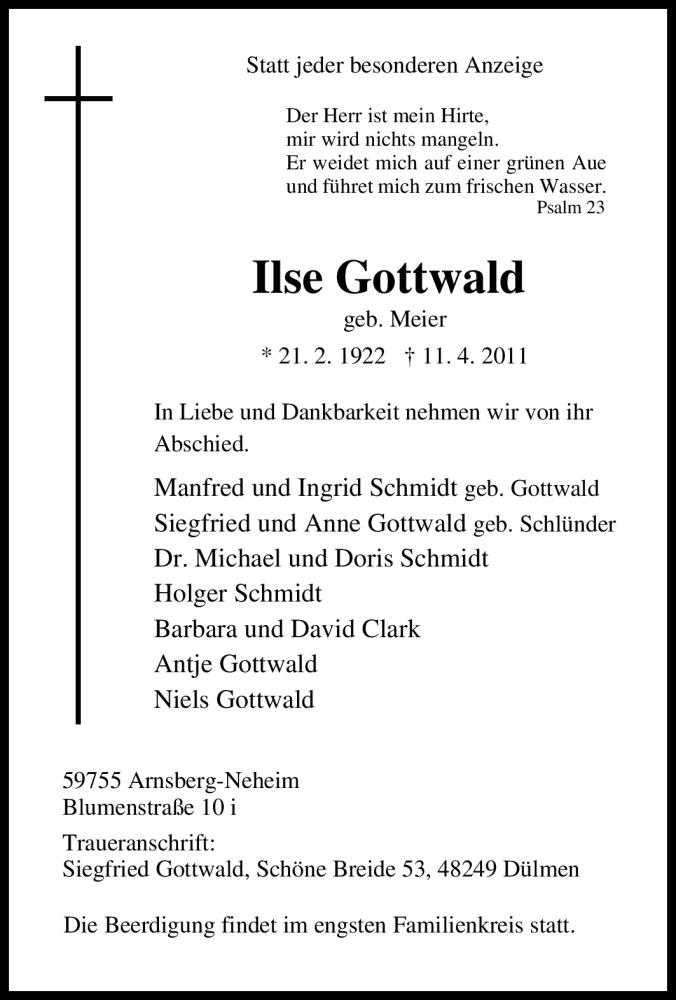 Traueranzeigen von Ilse Gottwald | Trauer-in-NRW.de