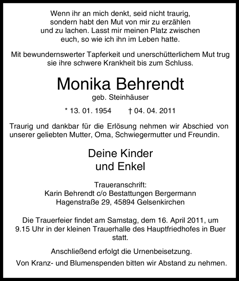 Traueranzeigen von Monika Behrendt | Trauer-in-NRW.de