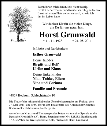 Traueranzeigen von Horst Grunwald | Trauer-in-NRW.de