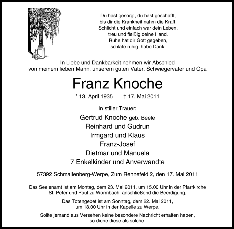 Traueranzeigen von Franz Knoche | Trauer-in-NRW.de