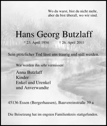 Traueranzeigen von Hans Georg Butzlaff | Trauer-in-NRW.de