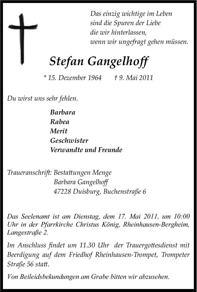 Traueranzeigen von Stefan Gangelhoff | Trauer-in-NRW.de