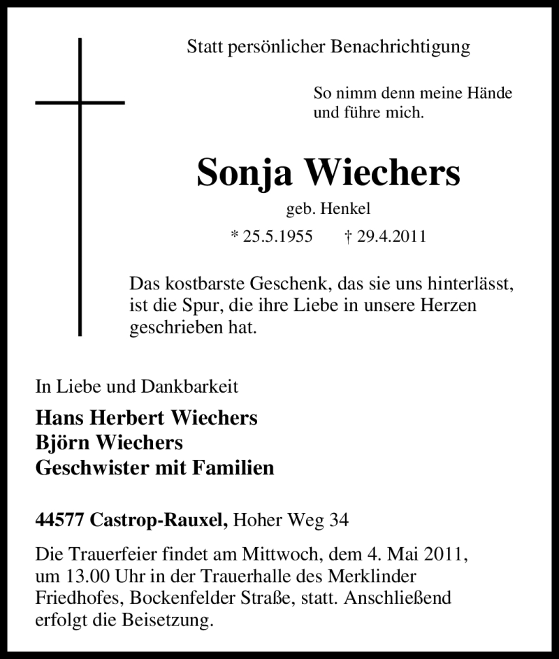 Traueranzeigen von Sonja Wiechers | Trauer-in-NRW.de