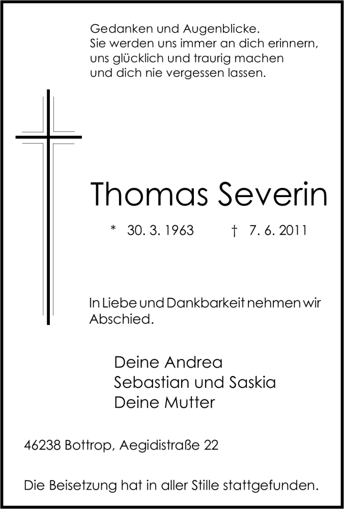 Traueranzeigen von Thomas Severin | Trauer-in-NRW.de