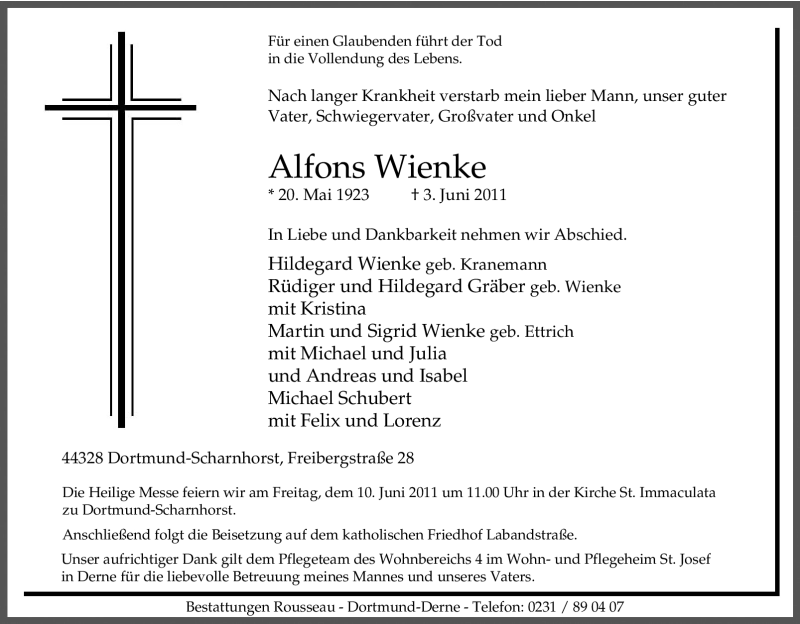 Traueranzeigen von Alfons Wienke | Trauer-in-NRW.de