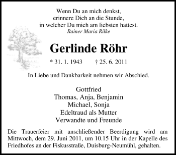 Traueranzeigen von Gerlinde Röhr | Trauer-in-NRW.de