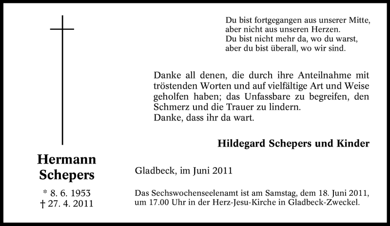 Traueranzeigen von Hermann Schepers | Trauer-in-NRW.de