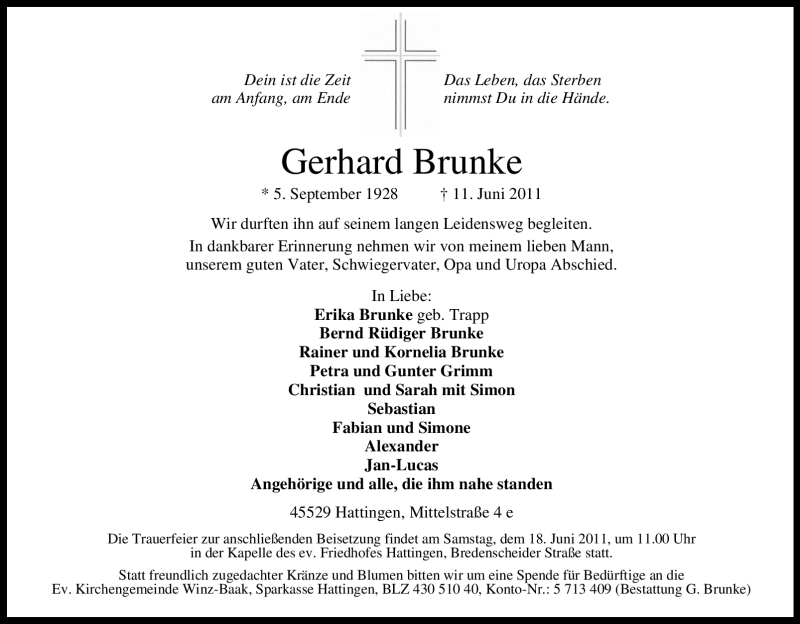 Traueranzeigen von Gerhard Brunke | Trauer-in-NRW.de