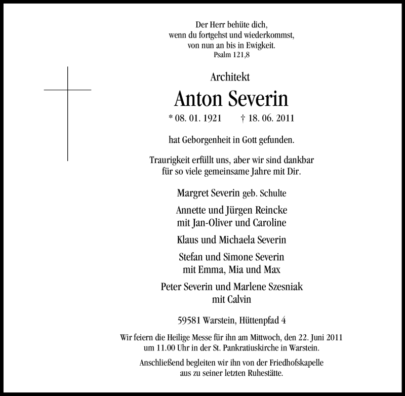 Traueranzeigen von Anton Severin | Trauer-in-NRW.de