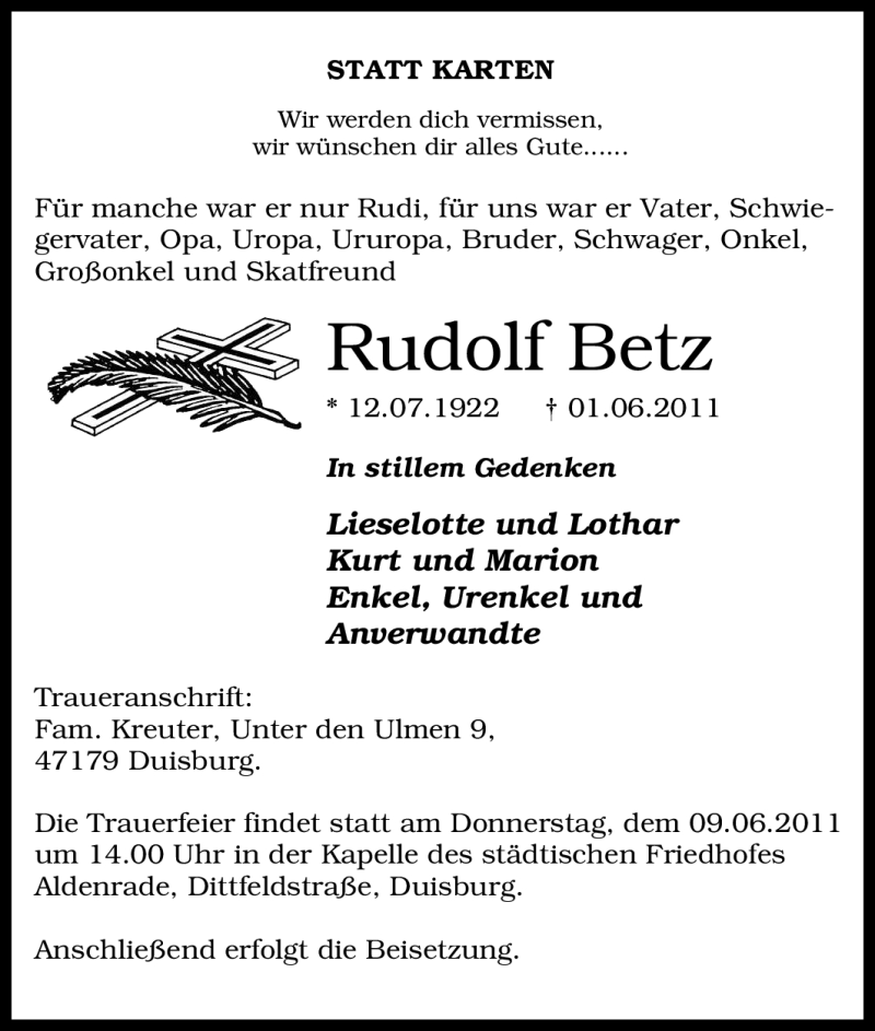 Traueranzeigen von Rudolf Betz | Trauer-in-NRW.de