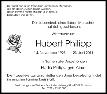 Traueranzeigen von Hubert Philipp | Trauer-in-NRW.de