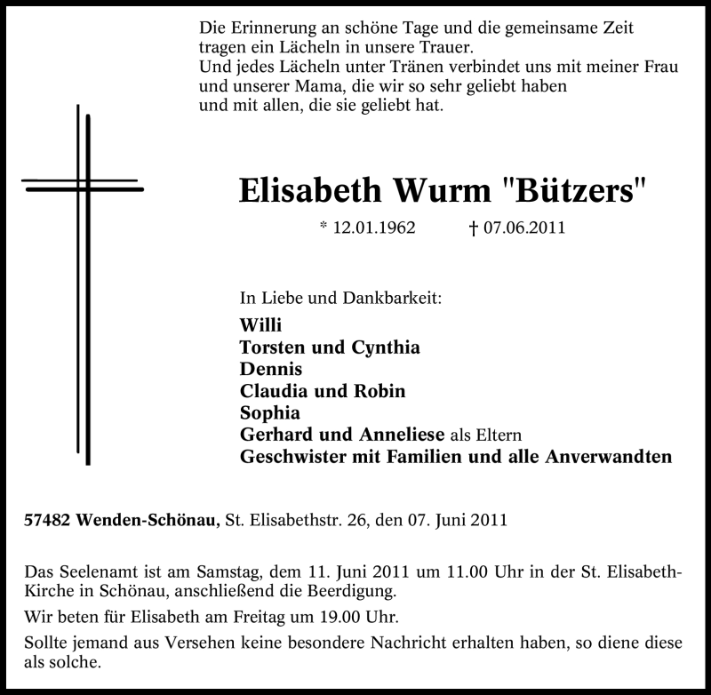 Traueranzeigen von Elisabeth Wurm | Trauer-in-NRW.de